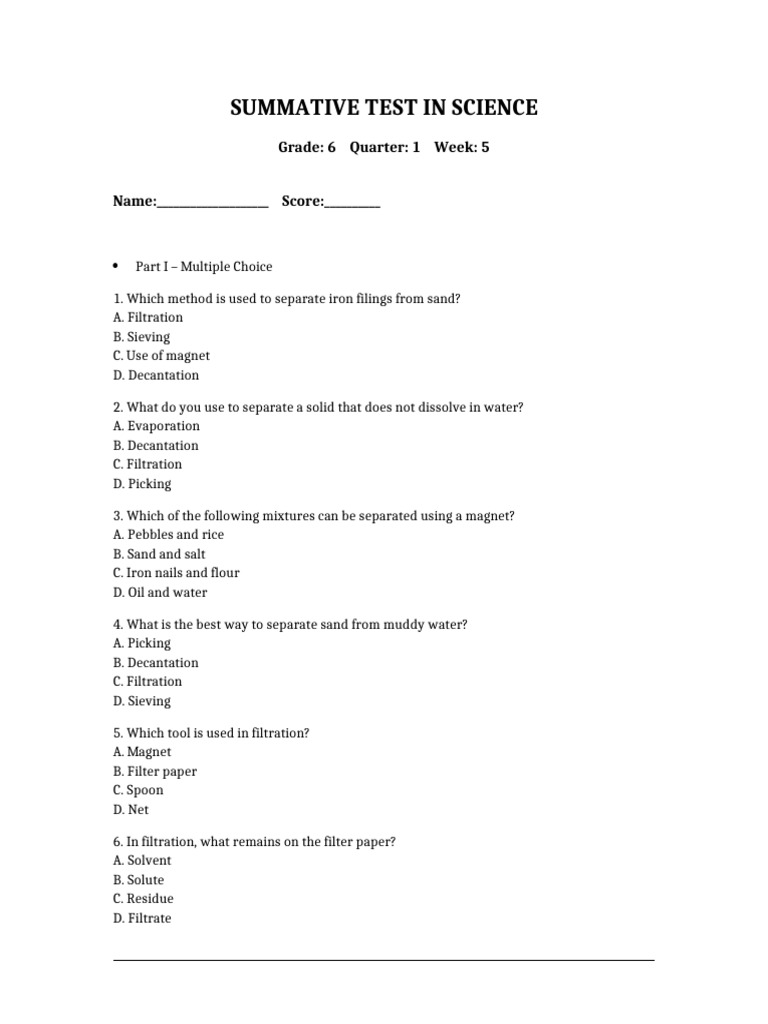 Summ - Test Science 6 q1 w5 | PDF | Filtration | Mixture