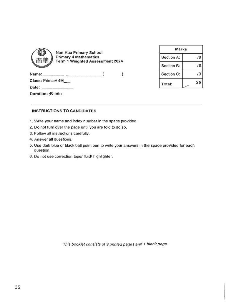 Primary 4 Math Assessment 2024 | PDF