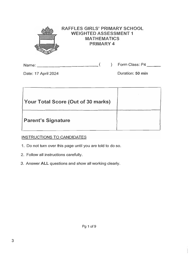 P4 Maths WA1 2024 Raffles Exam Papers | PDF