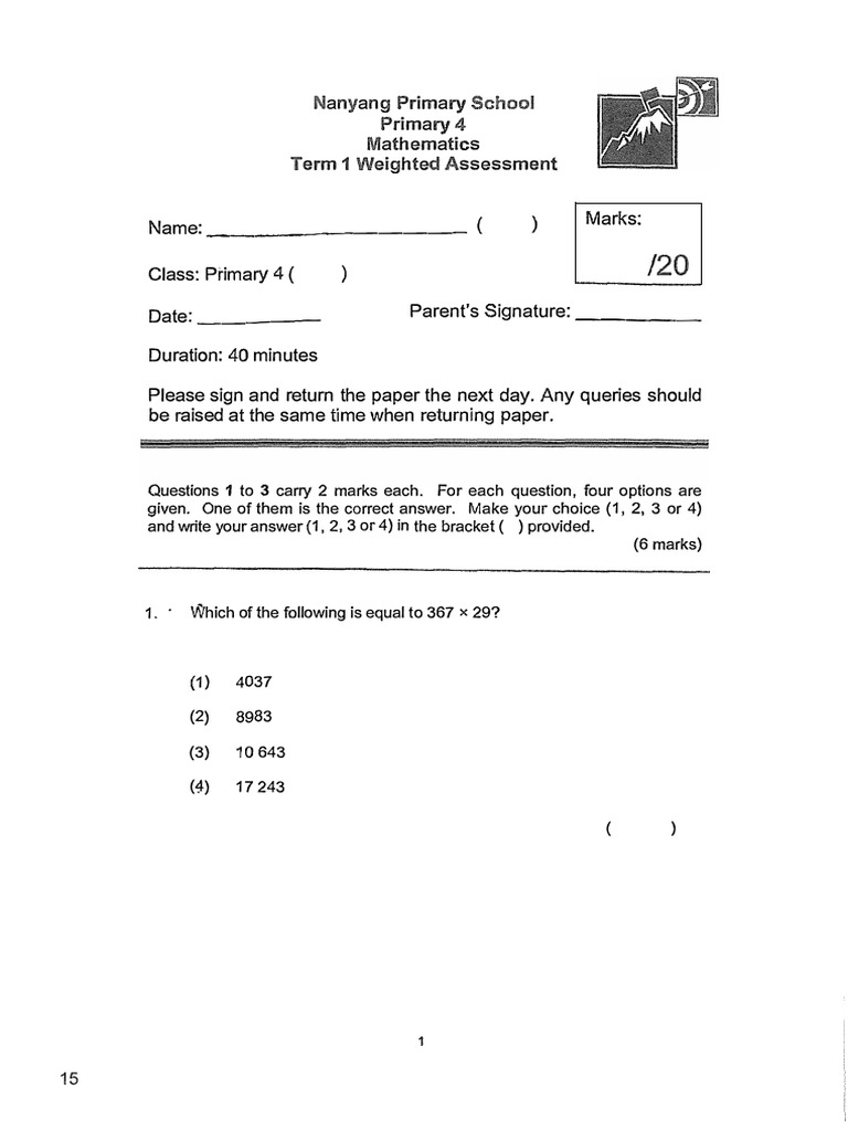 P4 Maths WA1 2024 Nanyang Exam Papers | PDF | Tests | Educational ...