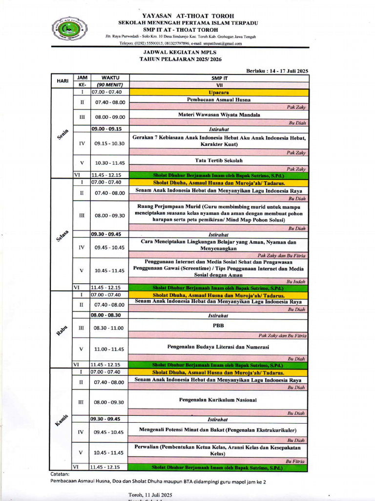 Jadwal Mpls Kelas Vii SMP 2025 | PDF