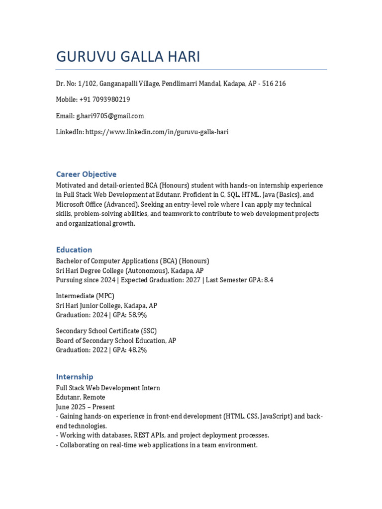 Guruvu Galla Hari Resume | PDF