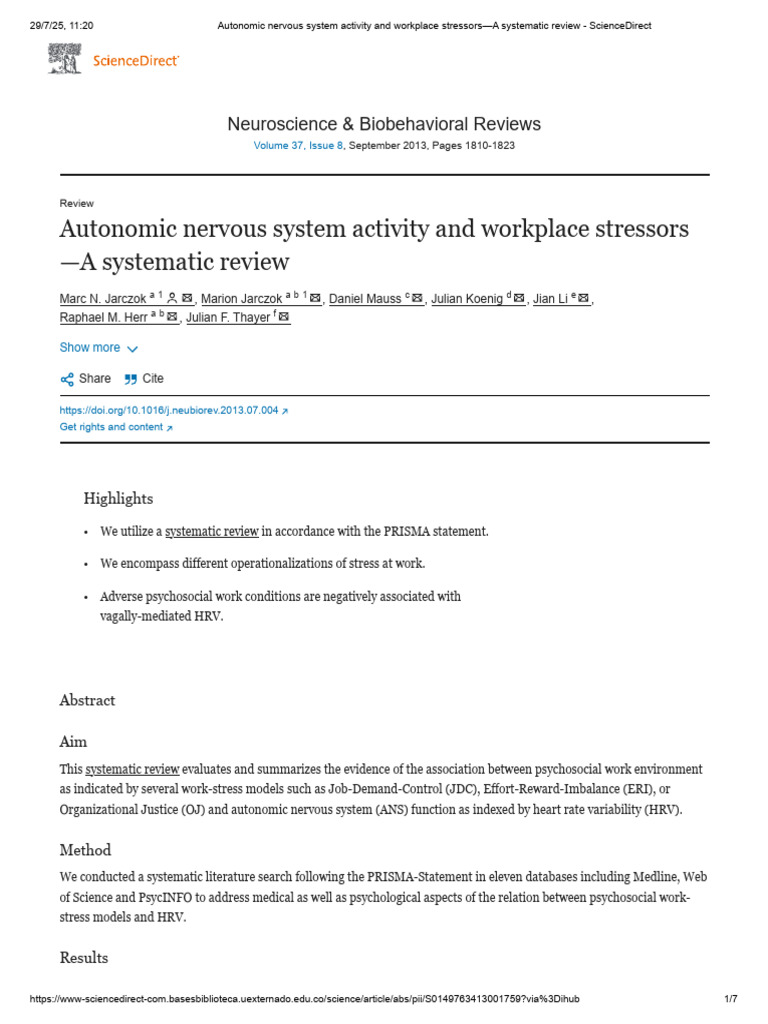 Autonomic Nervous System Activity and Workplace Stressors-A Systematic ...