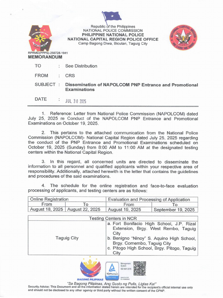 Dissemination of NAPOLCOM PNP Entrance and Promotional | PDF