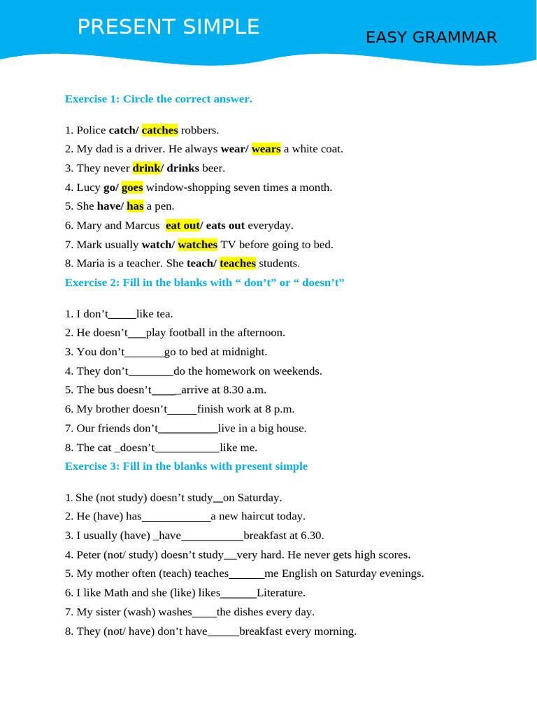 Present Simple Grammar Exercises | PDF | Linguistics