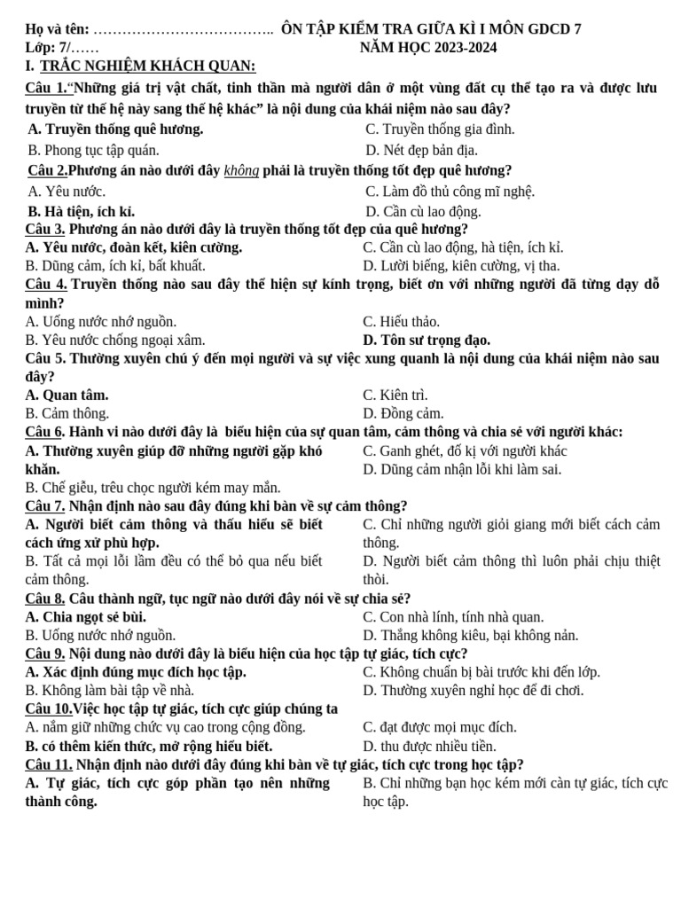 Ôn Tâp GDCD 7 Hki | PDF