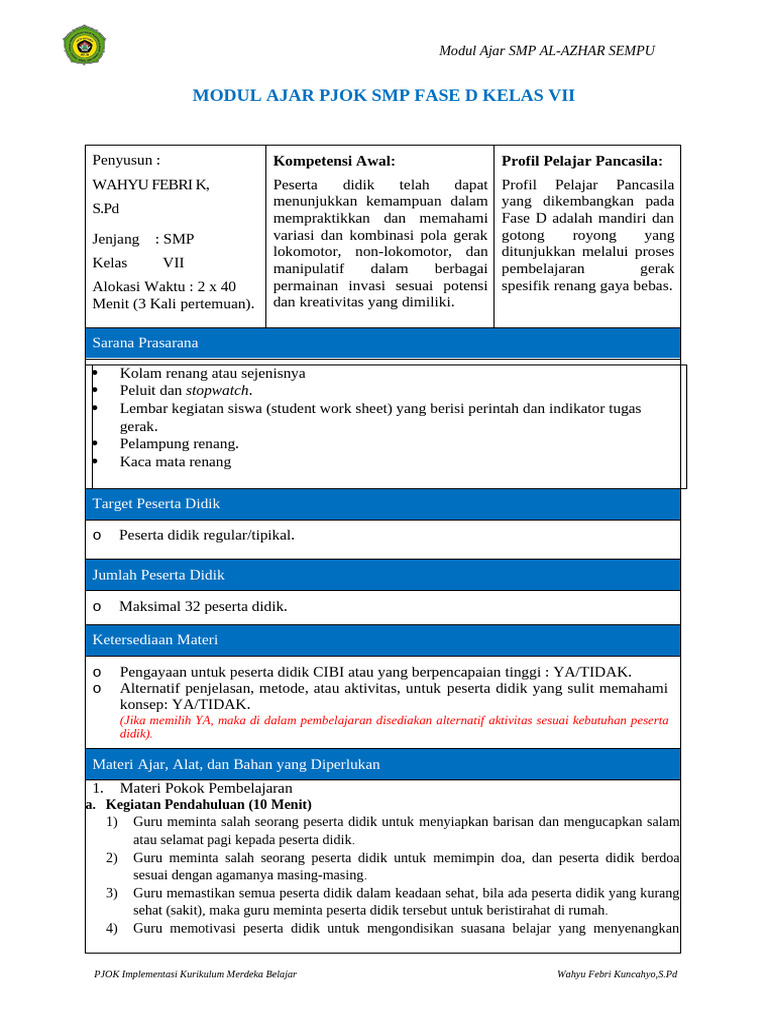 Modul Ajar PJOK Kelas VII Renang Gaya Bebas | PDF