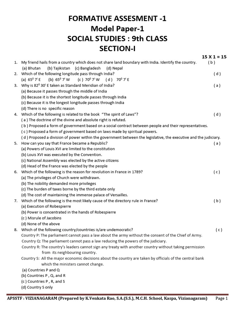 9th Class FA1 Social Studies Model Paper | PDF | Agriculture | Elections