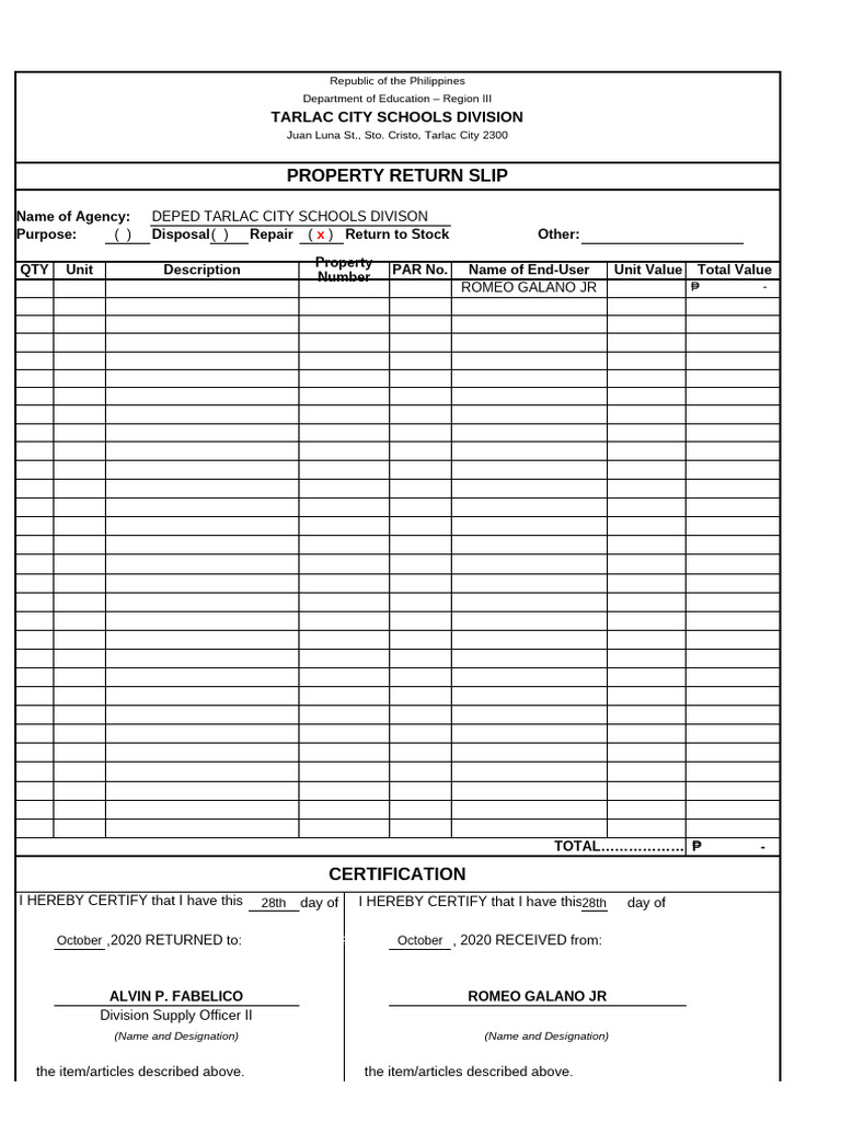 Property Return Slip for DEped Tarlac | PDF