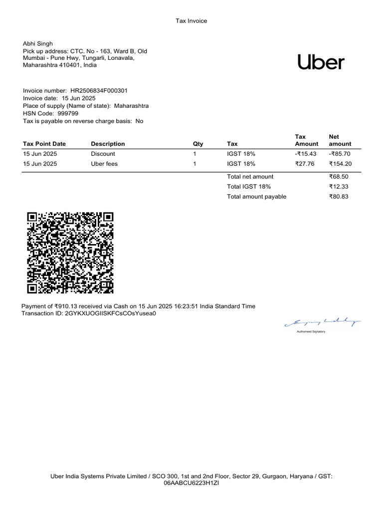 Uber Tax Invoice HR2506834F000301 | PDF