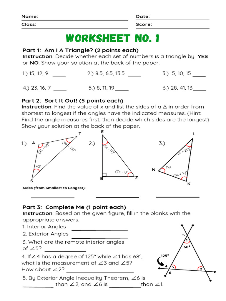 Triangle Inequalities and Theorems Worksheet | PDF | Triangle ...