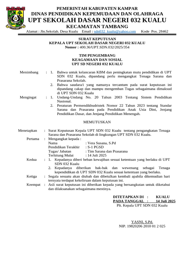 SK Pengangkatan Tenaga Prasarana SDN 032 | PDF