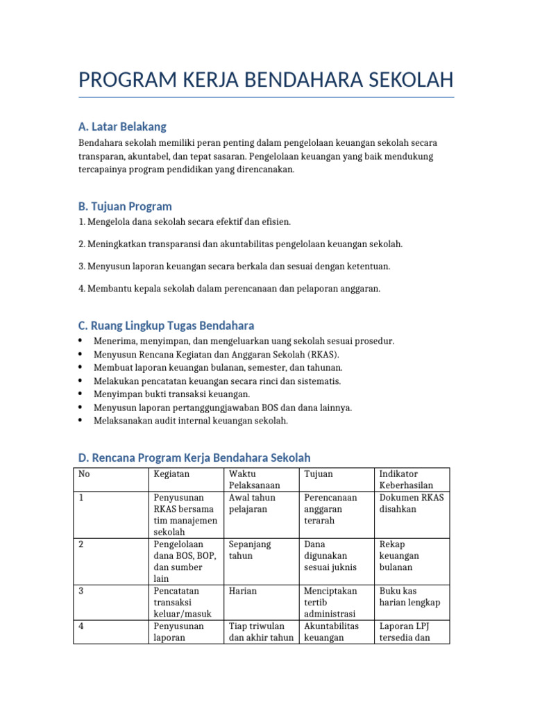 Program Kerja Bendahara Sekolah | PDF