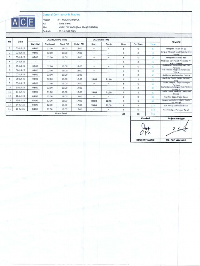 Invoice Excavator Operator Kobelco Periode 01-15 Juli 2025, Koica | PDF