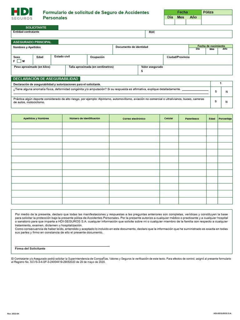 RB - Formulario Solicitud de Seguro de Accidentes Personales | PDF ...