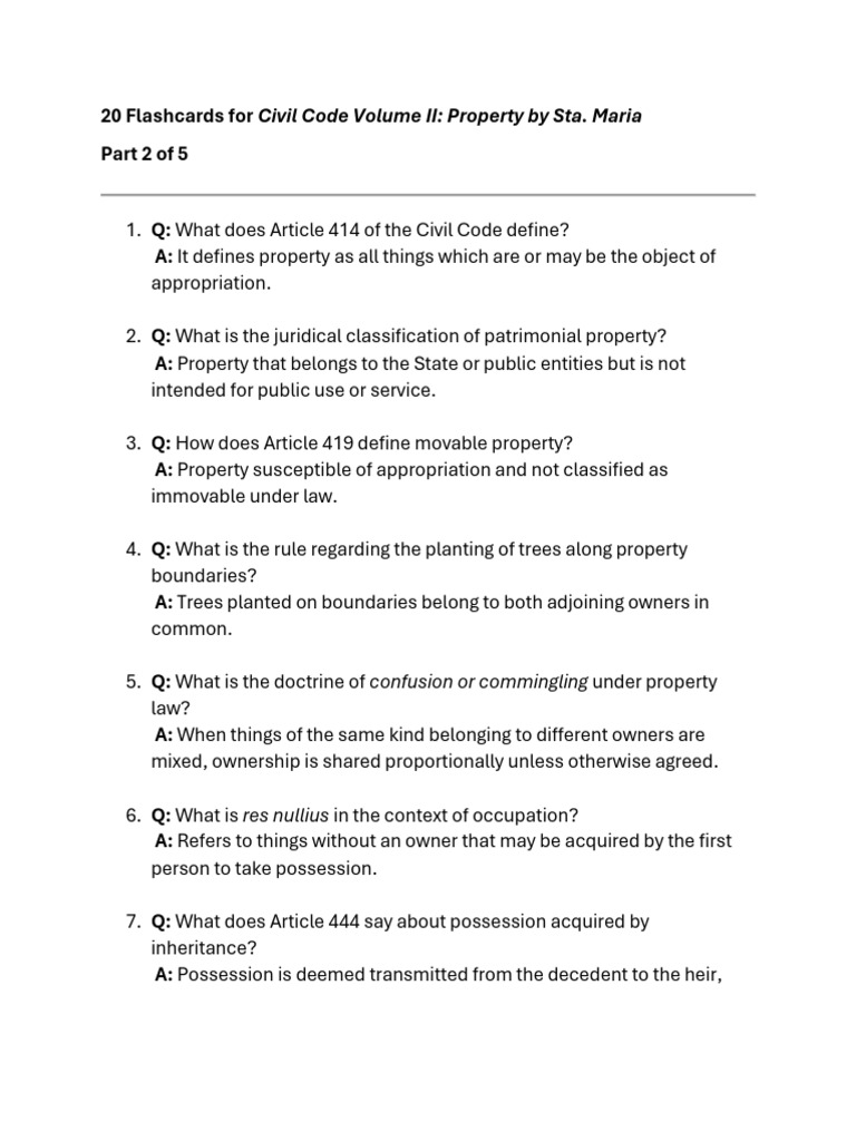 Part 2 of 5 - 20 Flashcards For Civil Code Volume II | PDF | Property ...