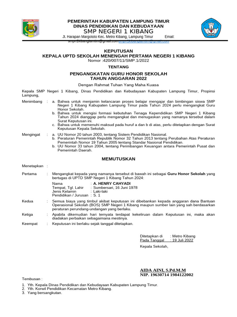 Pengangkatan Guru Honor SMPN 1 Kibang | PDF