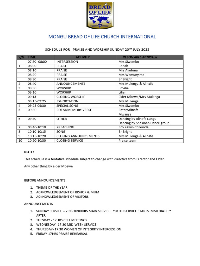 PRAISE AND WORSHIP SCHEDULE | PDF