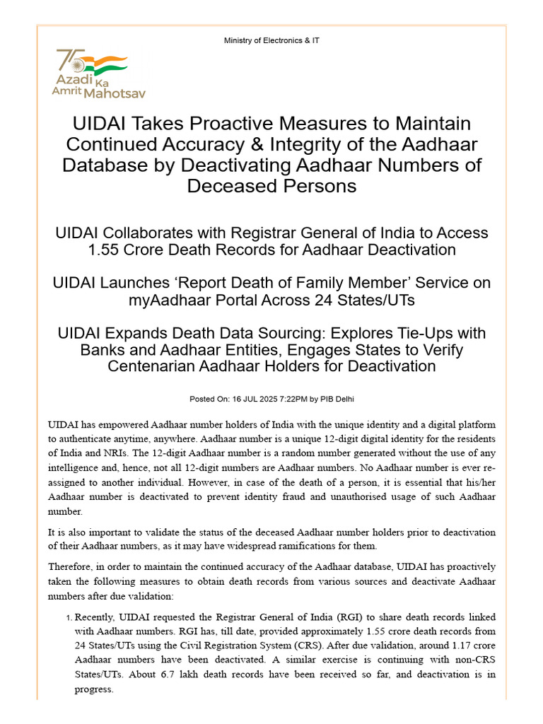 Deactivation of Deceased Aadhaar Numbers | PDF | Privacy | Access Control
