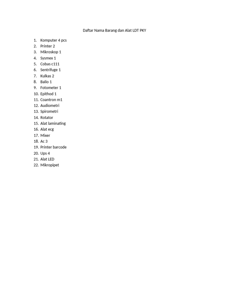 Daftar Nama Barang Dan Alat LDT PKY | PDF