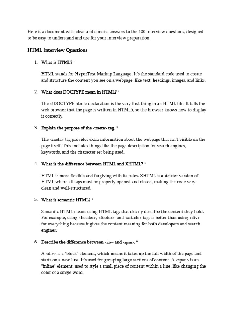 100 Imp Interview Answers | PDF | Html | Html Element