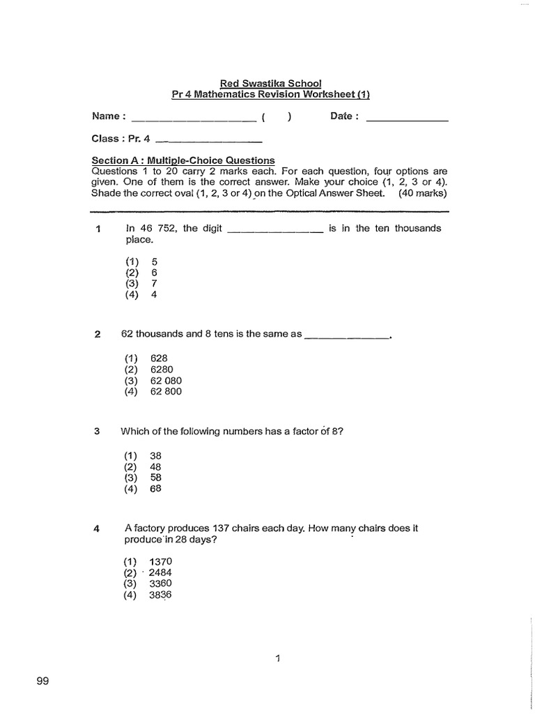 Primary 4 Math Revision Worksheet | PDF