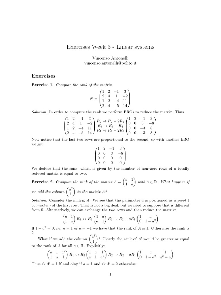 Week 3 Exercises: Linear Systems | PDF | Linear Algebra | Algebra