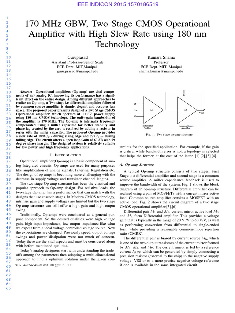 170 MHZ GBW Two Stage CMOS Operational Amplifier With High Slew Rate ...