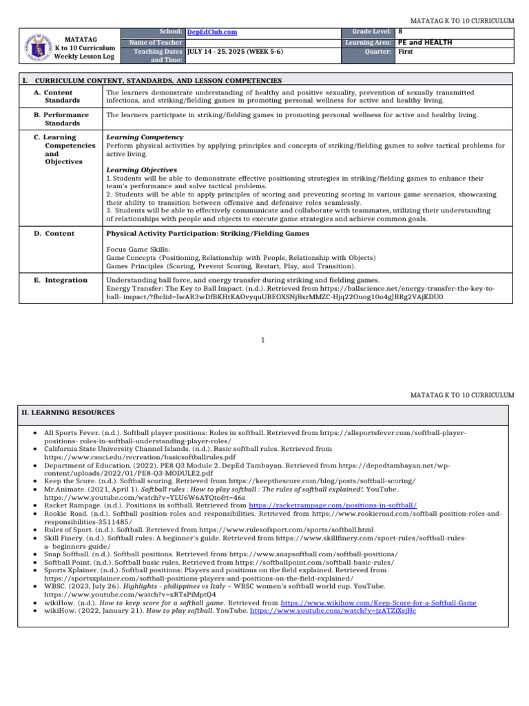 DLL Matatag - Pe&health 8 q1 w5-6 | PDF | Batting (Baseball) | Pitcher