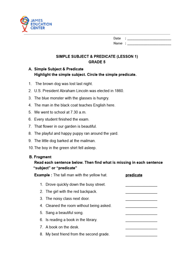 Simple Subjects and Predicates Lesson | PDF