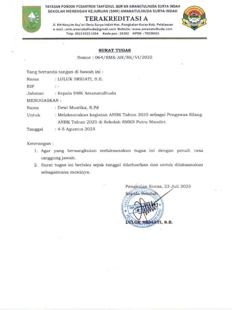 Surat Tugas Pengawas Silang Anbk Smk Amda | PDF