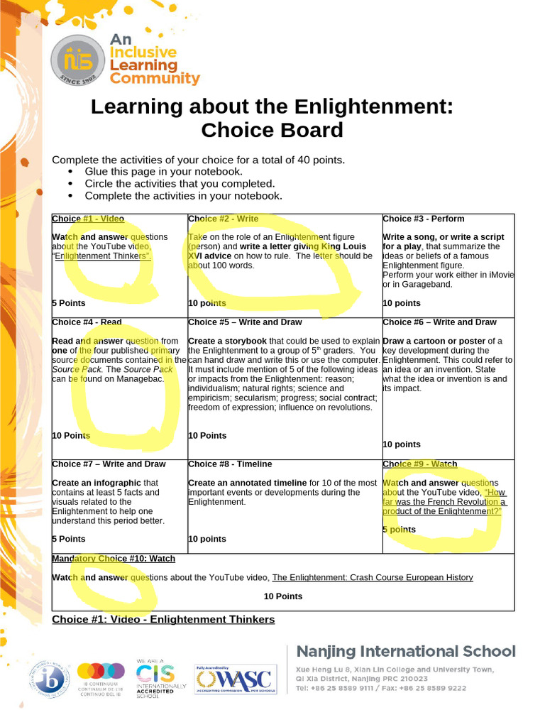 Enlightenment Choice Board Activities | PDF | Age Of Enlightenment ...