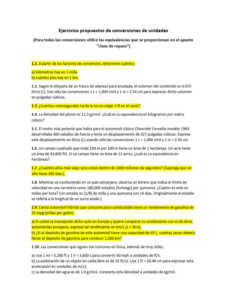Ejercicios de Conversiones de Unidades | PDF | Masa | Densidad