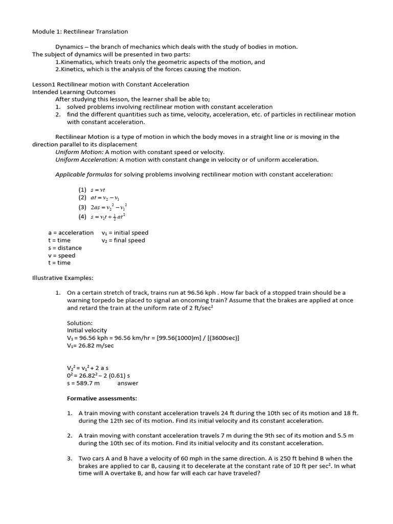 Module1 Lesson1 Rectilinear Motion Constant Acceleration | PDF ...