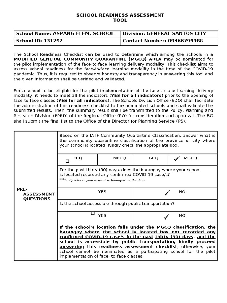ASPANG ES - Final - School Readiness Checklist 022621 | PDF | Teachers