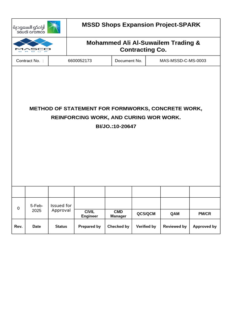 Method of Statement For Formwork, Concrete, Reinforcing and Curring ...
