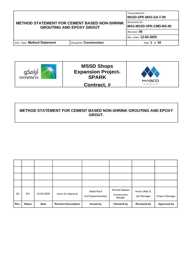 Method of Statement Cement Based Non-Shrink Grouting and Epoxy Grout. | PDF | Safety ...
