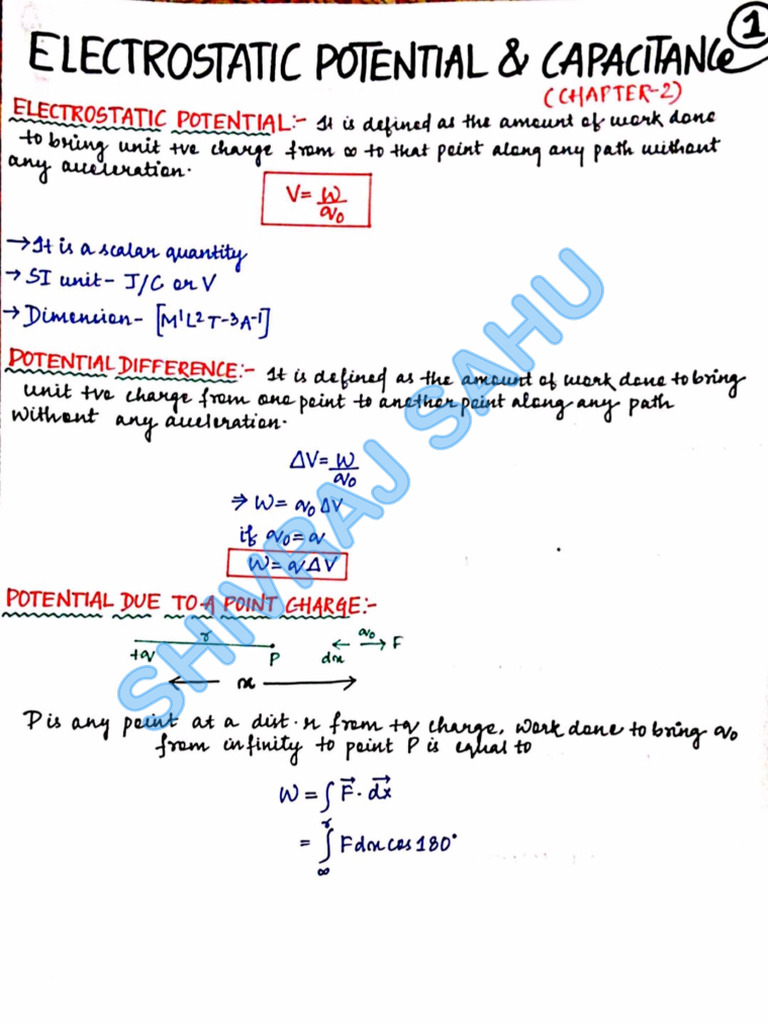 Electrostatic Potential And Capacitance Notes Handwritten Pdf