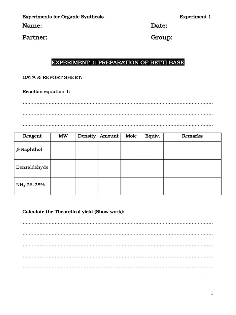 Organic Synthesis Experiments-Report Sheet-Exp. 1 | PDF | Organic ...