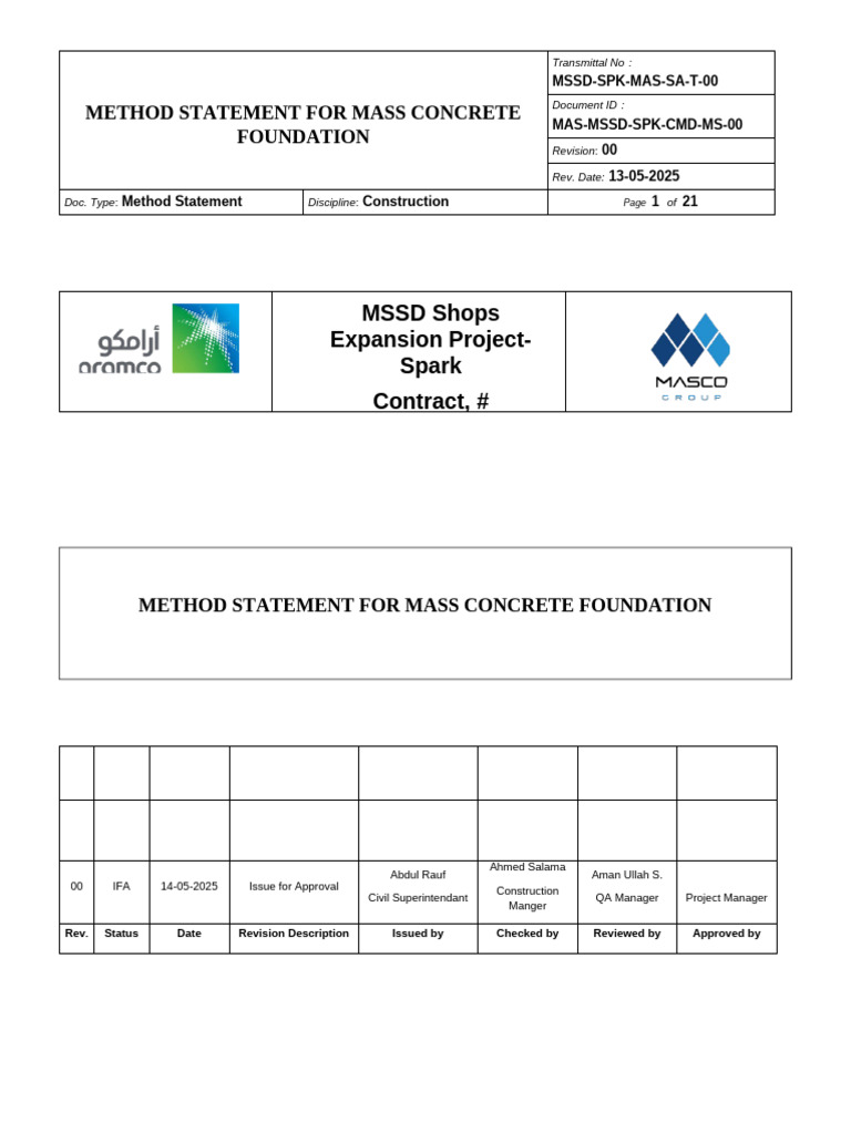 Method of Statement - Mass Concrete | PDF | Concrete | Composite Material