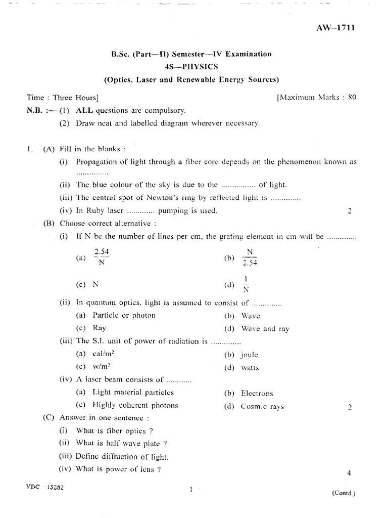 BSC 4 Sem Physics Optics Laser N Renewable Energy Sources S 2019 | PDF | Light | Optics