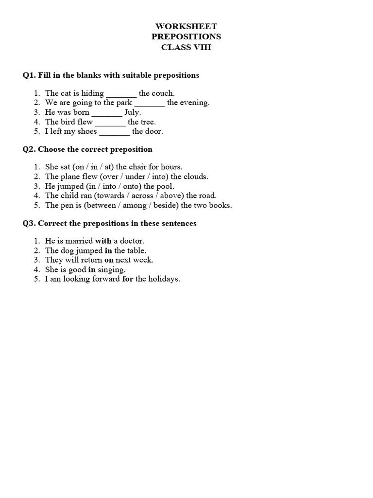 Prepositions Worksheet Class 8 | PDF