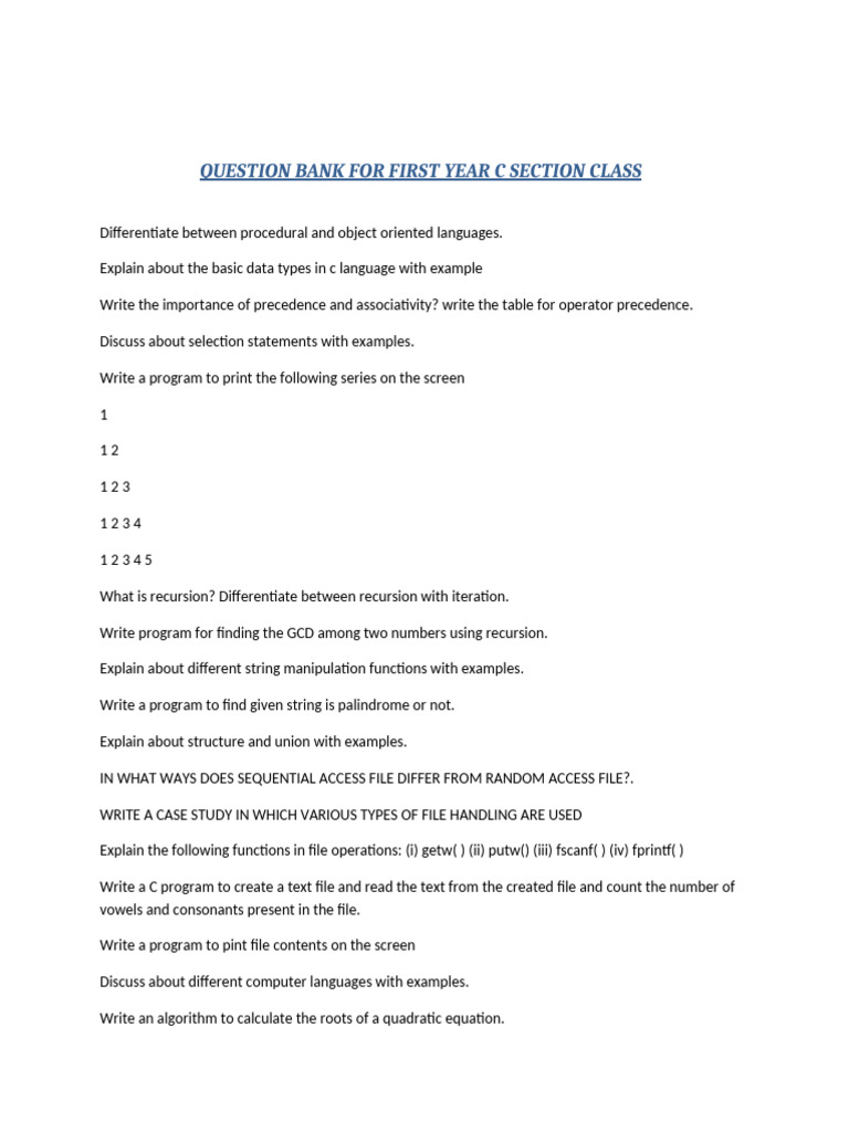 First Year C Programming Question Bank | PDF | Computer Program ...