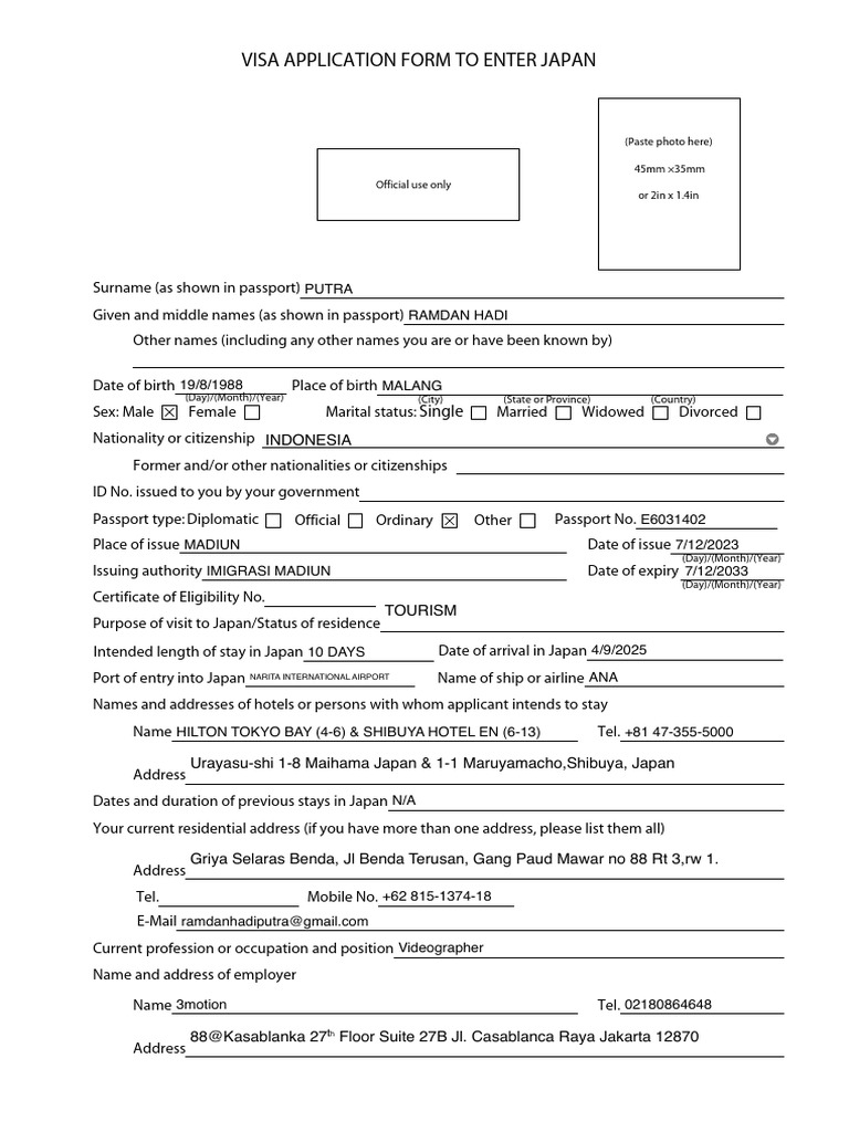 Ramdan - Japan Visa Application Form-1 | PDF | Travel Visa | Passport