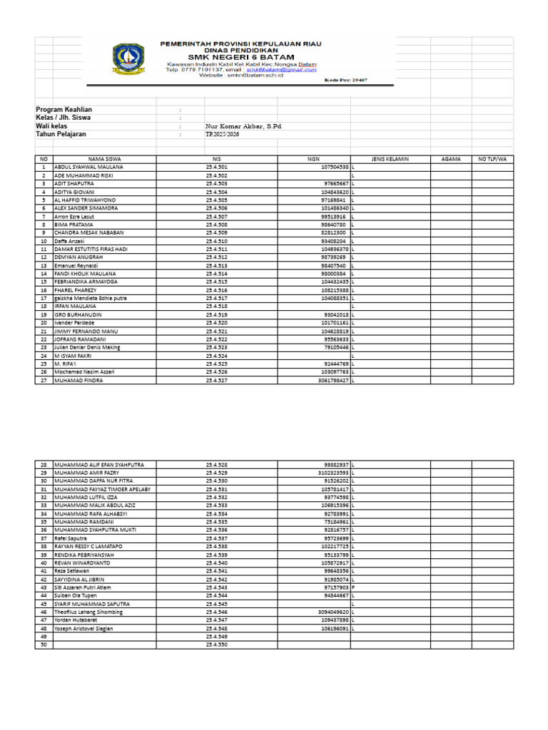 Data Siswa Kelas X Tab Ta 2025 2026 Pdf