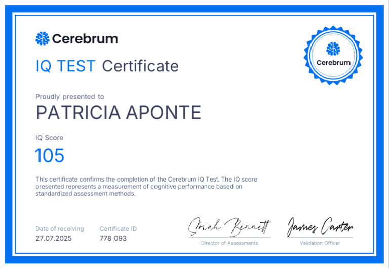 Cerebrum IQ Test Certificate: 113 Score | PDF