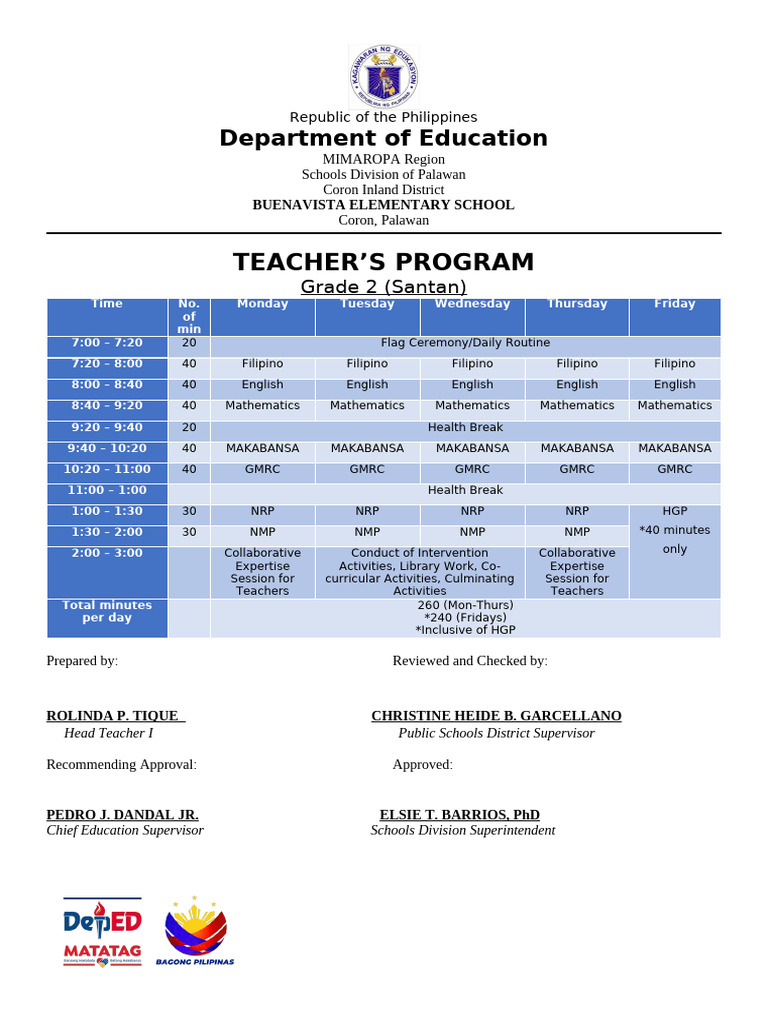 Grade 2 Matatag Class Program 2025-2026 | PDF