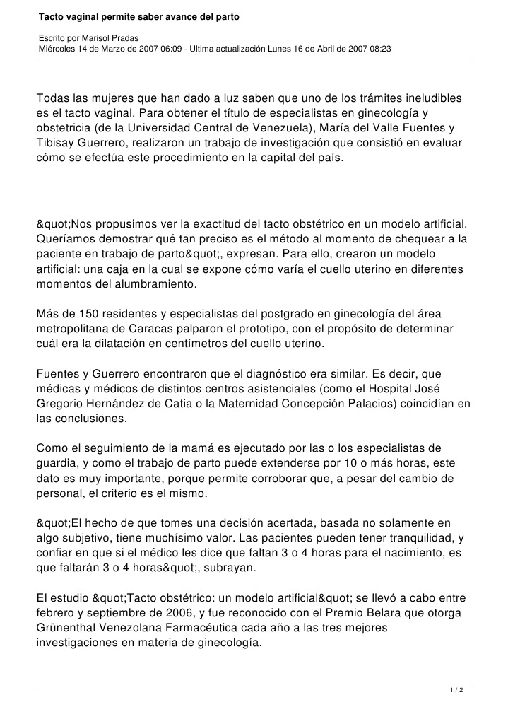Tacto Vaginal Trabajo de Parto | PDF | Parto | El embarazo