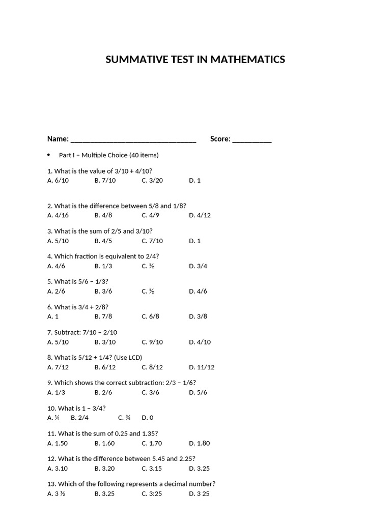 Summative Test in Mathematics | PDF | Odds | Numbers