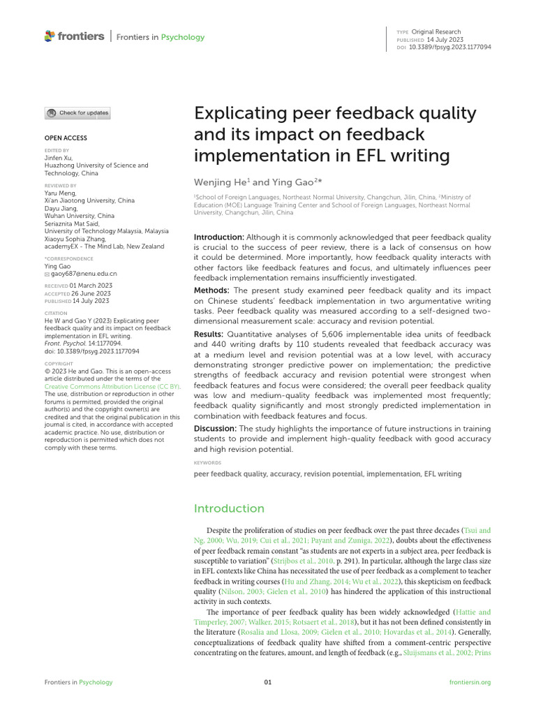 Explicating Peer Feedback Quality and Its Impact On Feedback ...
